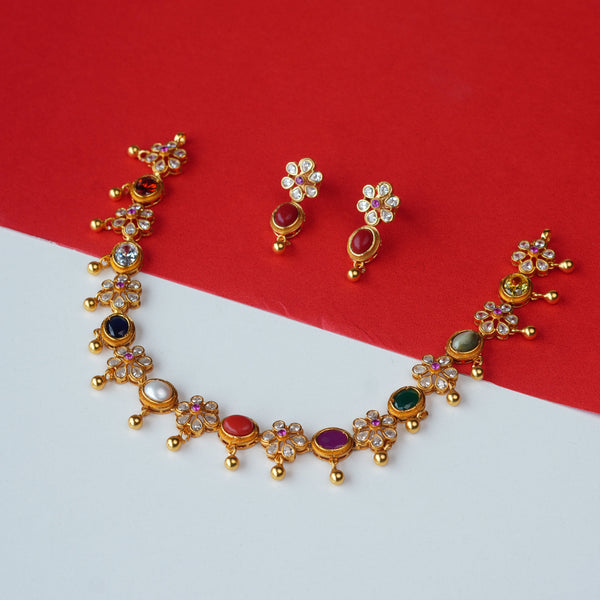 925 Gold Plated Navaratna Necklace with Earring-1208