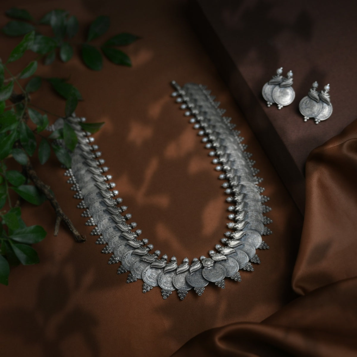 Pure 925 silver Oxidized Lakshmi Coin Haram - 6640